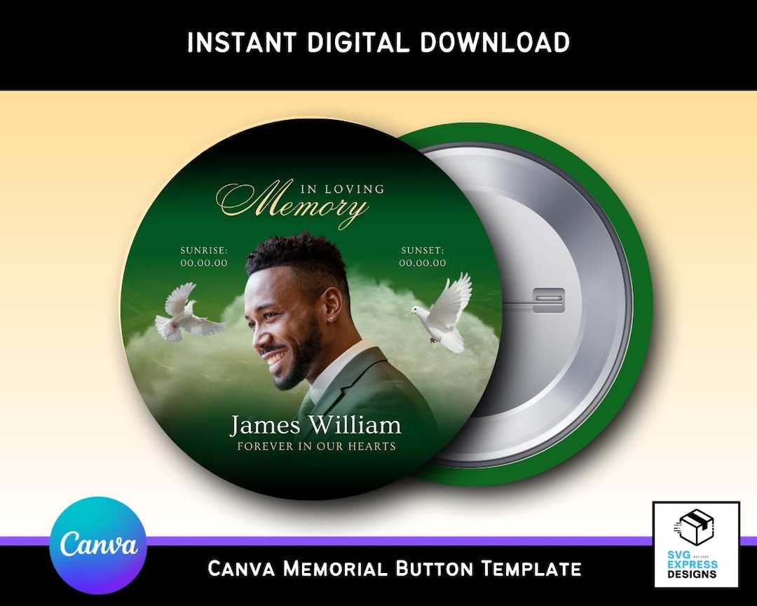 Editable Green & Black Memorial Button Template | Canva RIP Keepsake ...
