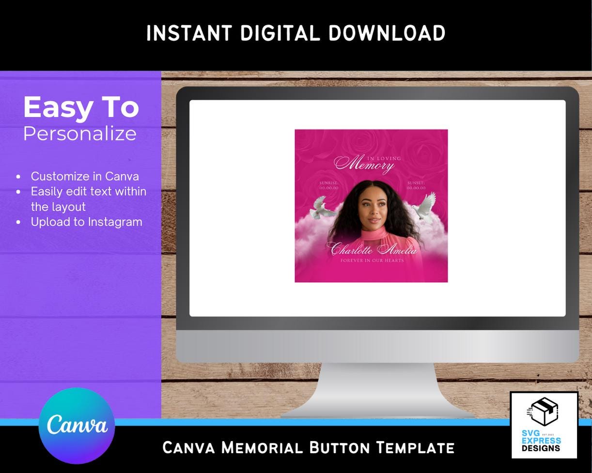 Editable Bright Pink Memorial Button Template | Canva RIP Keepsake ...