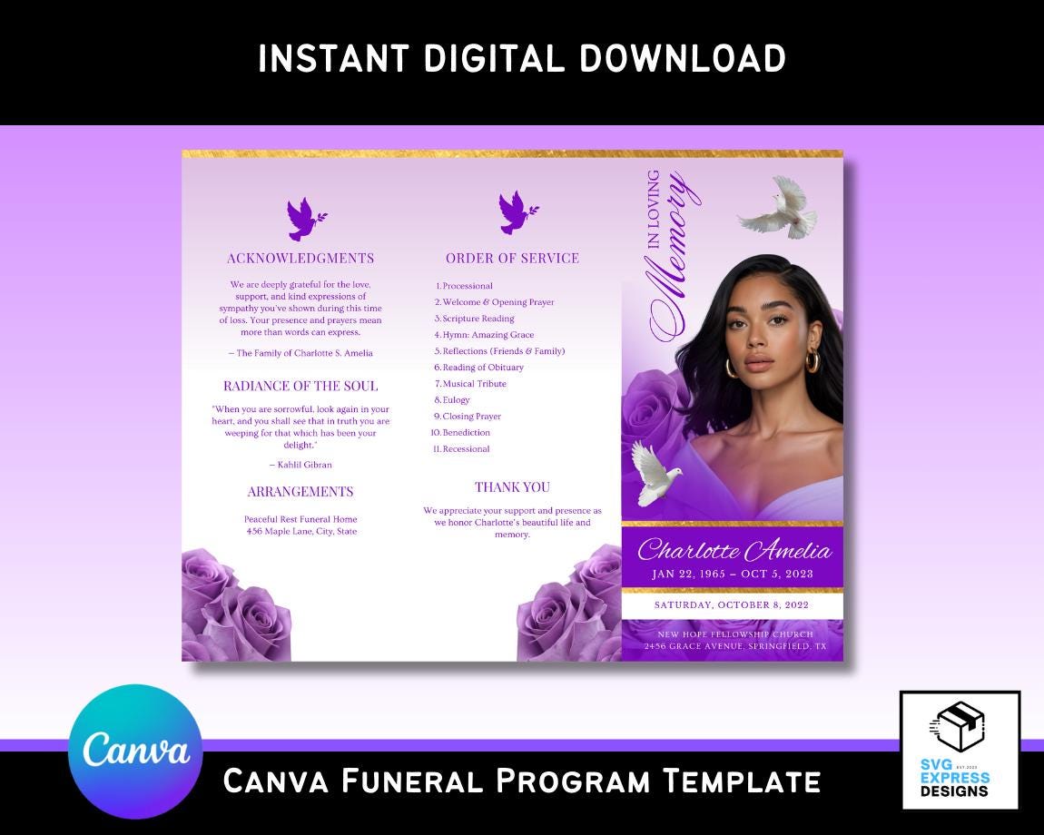 Elegant Funeral Program Template: Purple & White Roses Trifold (11x8.5 ...