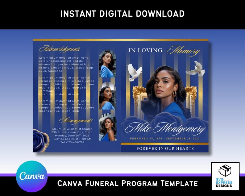 Royal Blue & Gold Striped Canva Funeral Program Template – Elegant Bi ...