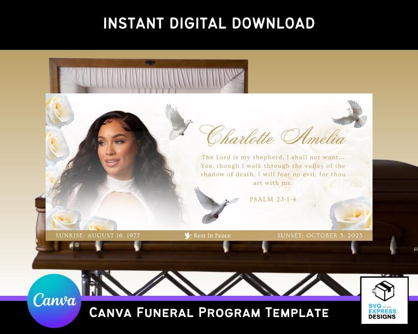 White Roses Funeral Casket Panel Canva Template | 31x14 in Editable ...