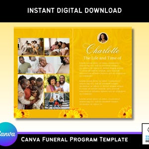 Bright Yellow Canva Funeral Program Template – Elegant Bi-fold Brochure ...