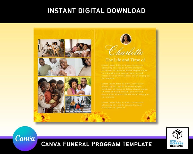 Bright Yellow Canva Funeral Program Template – Elegant Bi-fold Brochure ...