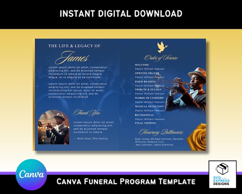 Blue & Gold Music Funeral Program Template – Canva Bi-fold (digital ...