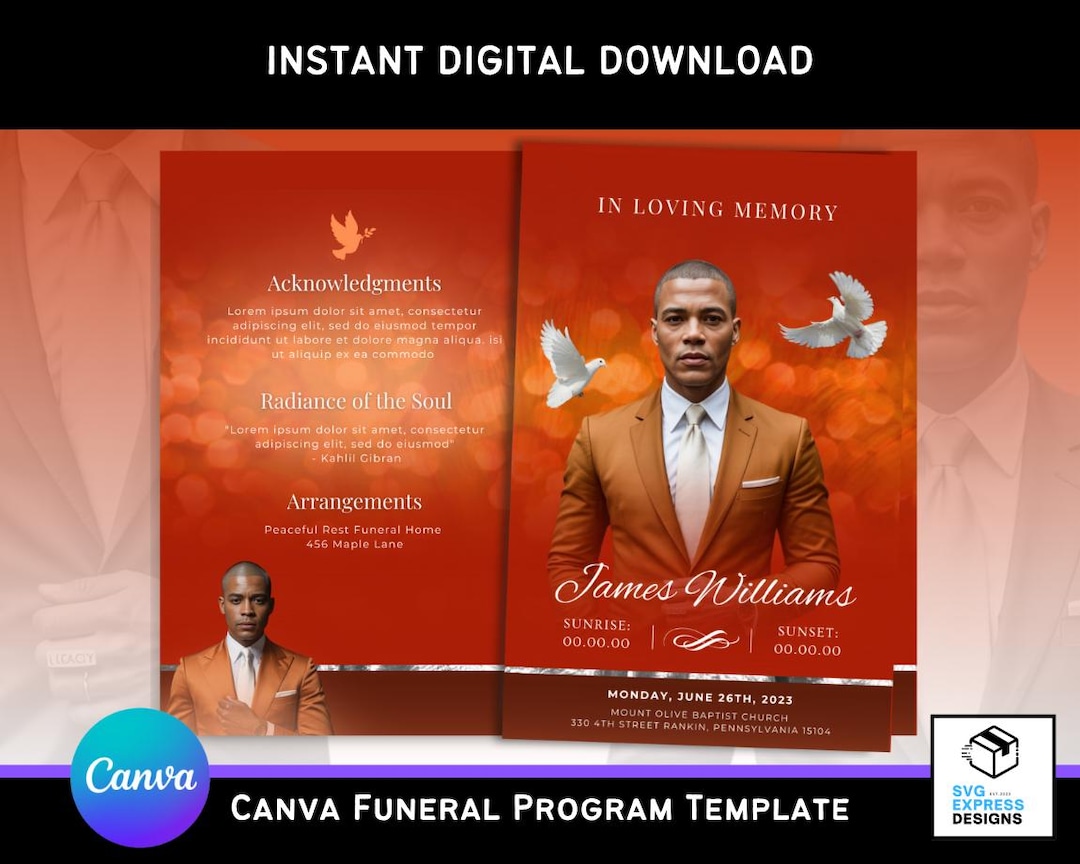 Burnt Orange Dove Funeral Program Template: Elegant Bi-fold Brochure ...