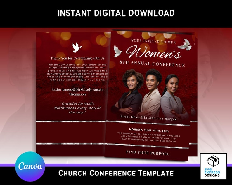 Crimson Rose Church Conference Program Template: Editable Bi-fold ...