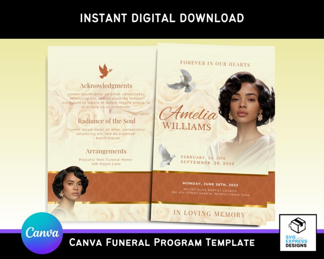 Beige Roses Canva Funeral Program Template – Elegant Bi-fold Brochure ...