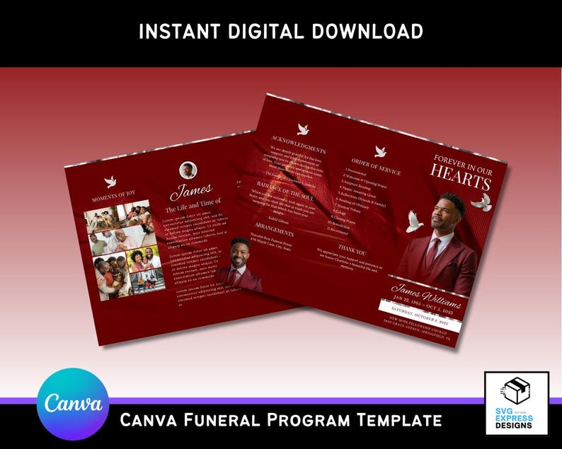 Maroon and Silver Canva Funeral Program Template – Elegant Trifold ...