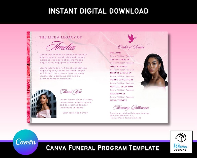 Elegant Funeral Program Template: Pink and Silver Flowers, Doves (17x11 ...