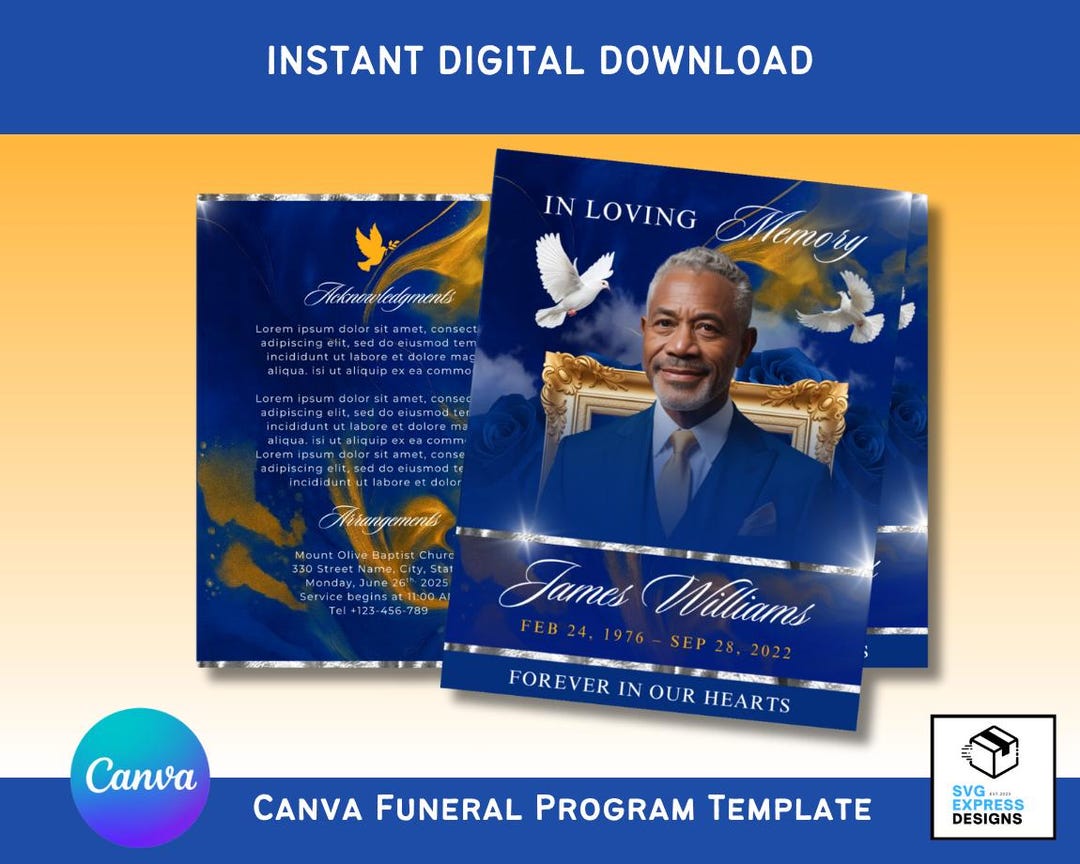 Elegant Funeral Program Template: Royal Blue & Gold Doves (canva, 17x11 ...