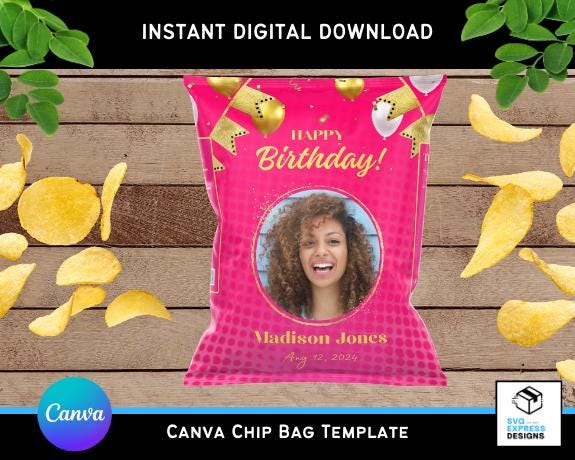 Hot Pink Chip Bag Template, Party Decorations With White and Gold ...