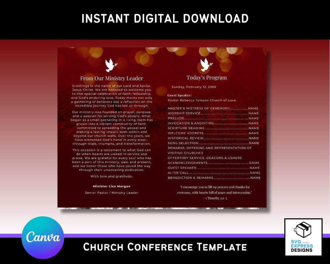 Crimson Rose Church Conference Program Template: Editable Bi-fold ...