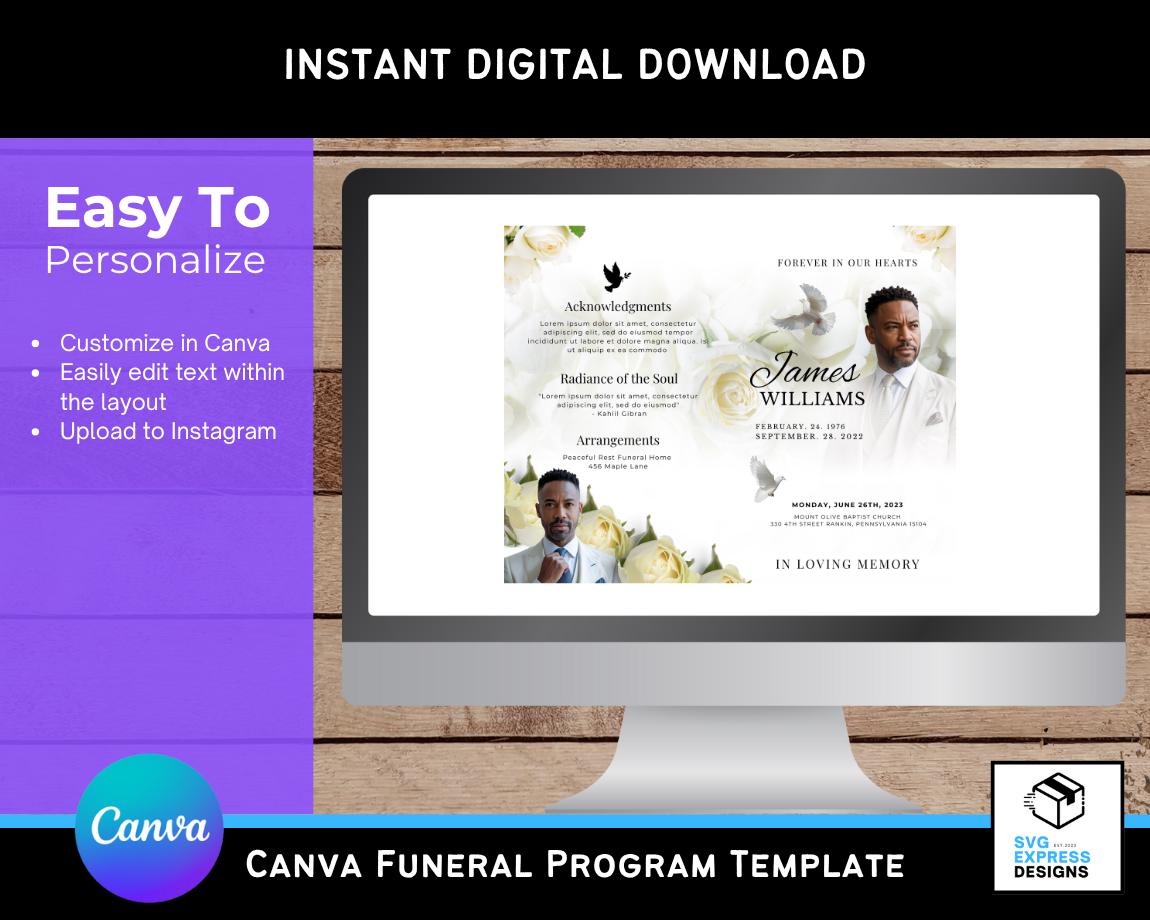 Elegant Funeral Program Template: White Roses, Black Dove (canva, 11x8 ...