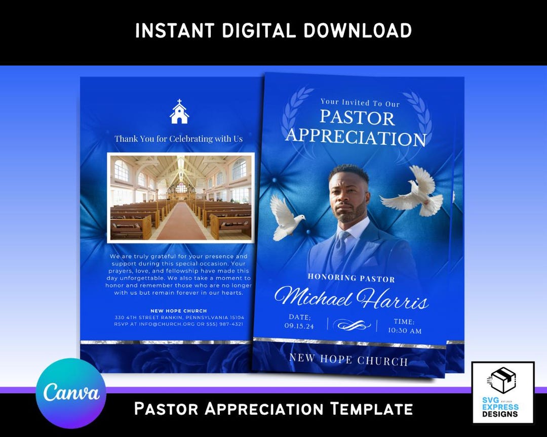 Editable Pastor Appreciation Program Template: Blue & Silver Church ...