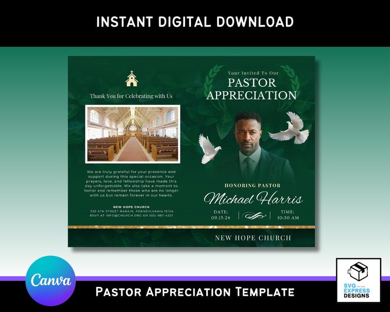 Editable Pastor Appreciation Program Template: Green Forest Design ...