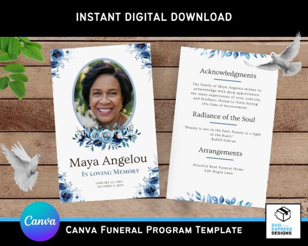 Watercolor Blue Rose Funeral Program Template - Bi-fold Brochure 11x8.5 ...