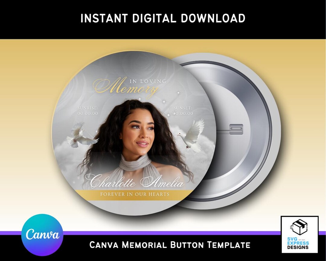 Editable Silver and Gold Memorial Button Template | Canva RIP Keepsake ...