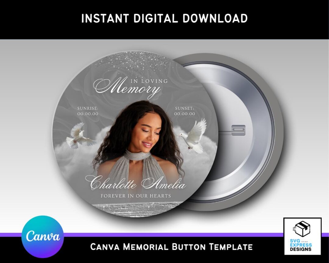 Editable Silver Grey Memorial Button Template | Canva RIP Keepsake ...
