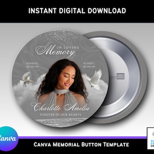 Editable Silver Grey Memorial Button Template | Canva RIP Keepsake ...