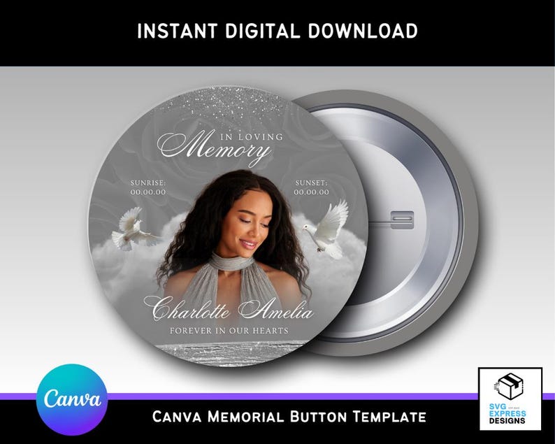 Editable Silver Grey Memorial Button Template | Canva RIP Keepsake ...