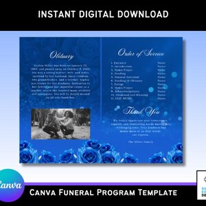 Blue Cloud Funeral Program Template - Blue Roses Bi-fold Brochure 11x8 ...