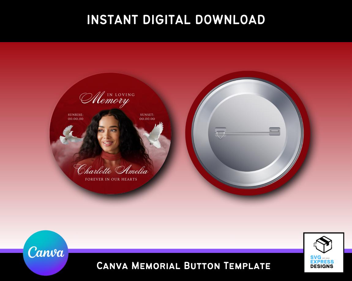 Editable Deep Maroon Memorial Button Template | Canva RIP Keepsake ...
