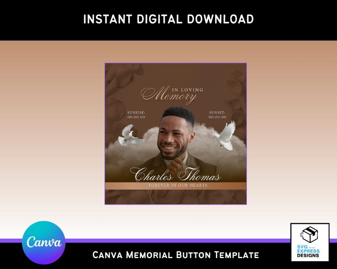 Editable Brown Memorial Button Template | Canva RIP Keepsake | 3x3 ...