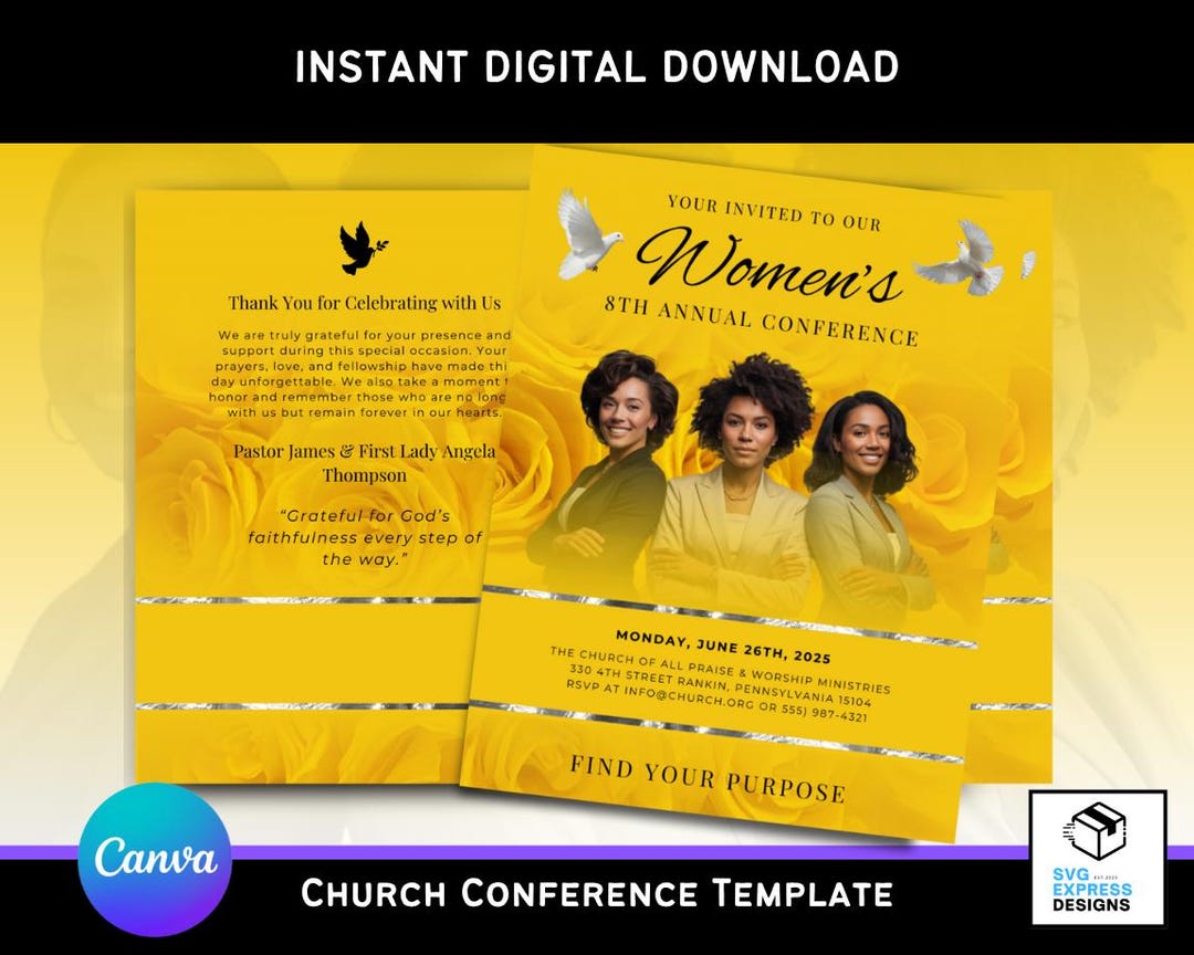 Yellow Rose Church Conference Program Template: Editable Canva Bi-fold ...