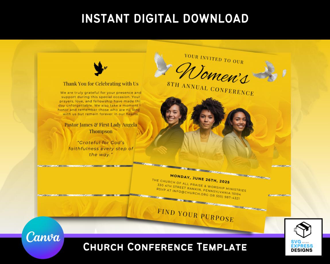 Yellow Rose Church Conference Program Template: Editable Canva Bi-fold ...