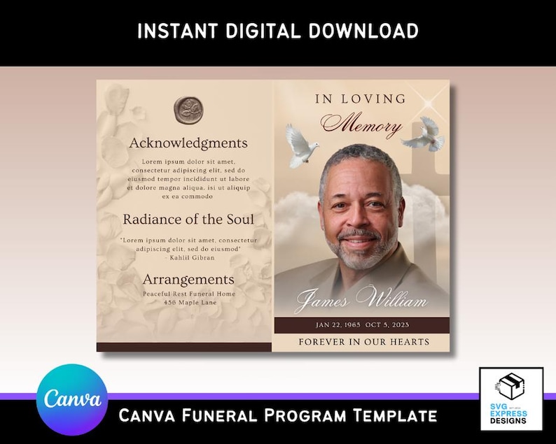 Tan Canva Funeral Program Template – Elegant Bi-fold Brochure (11x8.5 ...