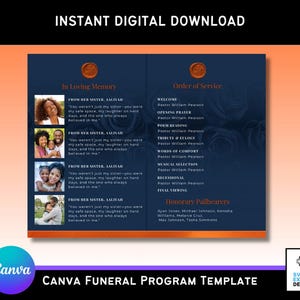 Navy & Burnt Orange Funeral Program Template: Bi-fold Brochure (canva ...