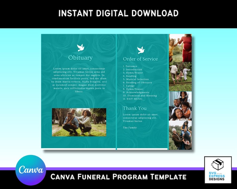 Teal Green Canva Funeral Program Template – Elegant Bi-fold Brochure ...