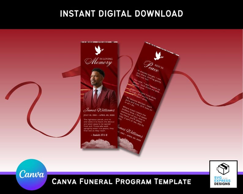 Maroon & Silver Funeral Bookmark Template: Elegant Memorial Keepsake ...