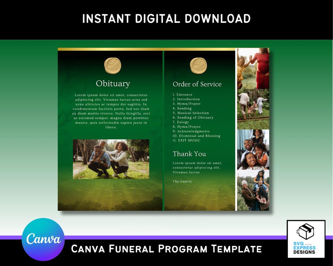 Green & Black Canva Funeral Program Template – Elegant Bi-fold Brochure ...