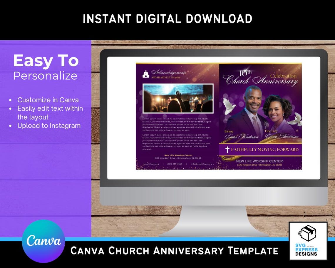 Purple Church Anniversary Program Template: 17x11 Bifold Brochure ...