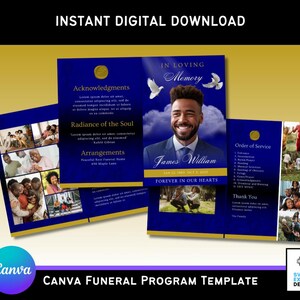 Blue and Golden Yellow Canva Funeral Program Template – Elegant Bi-fold ...