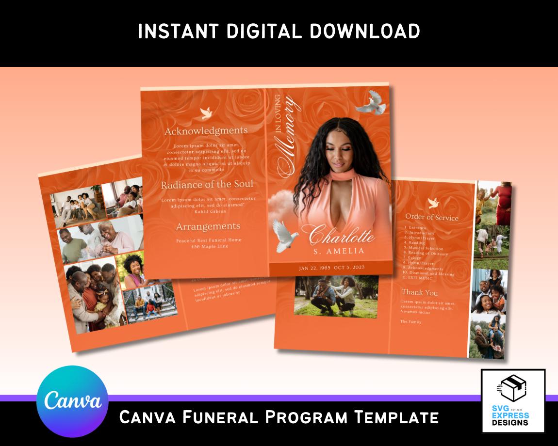Bright Peach Canva Funeral Program Template – Elegant Bi-fold Brochure ...