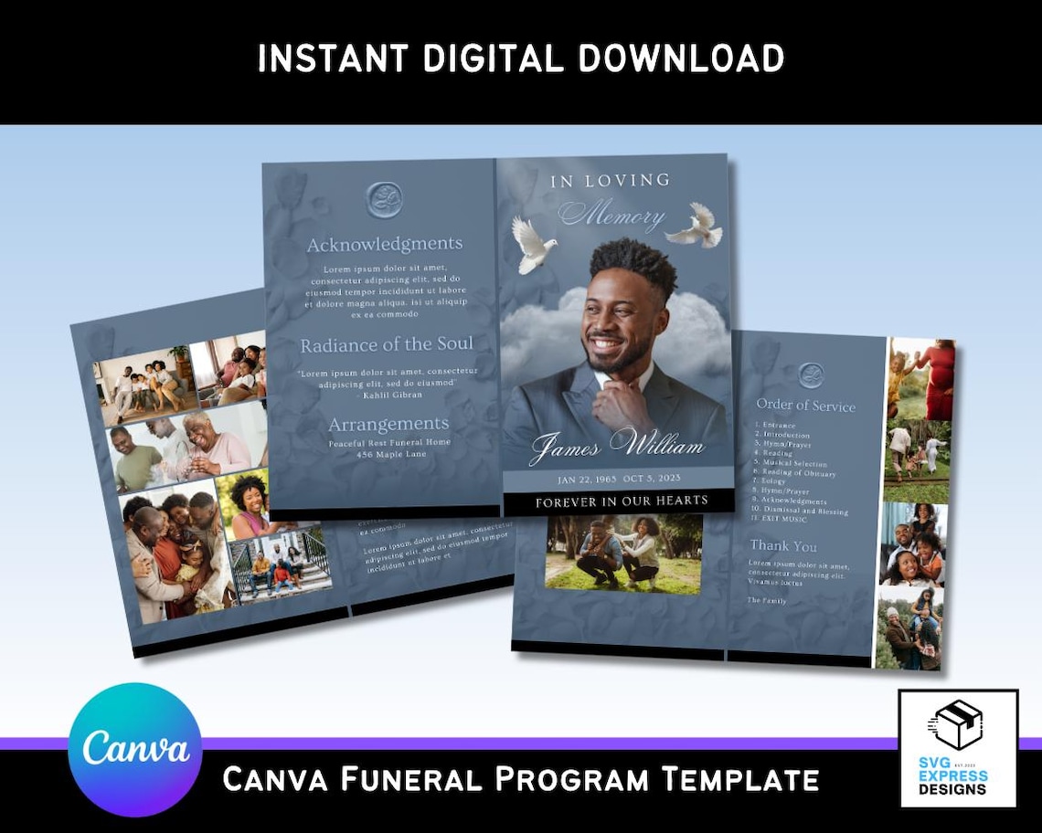 Slate Gray Canva Funeral Program Template – Elegant Bi-fold Brochure ...