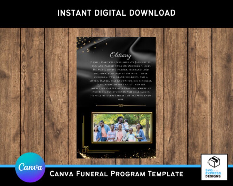 Editable Canva Funeral Program Template, Black and Gold Memorial ...