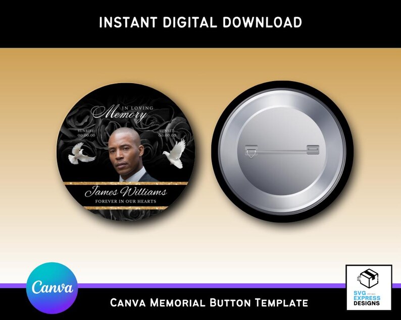 Editable Black and Gold Roses Memorial Button Template | Canva RIP ...