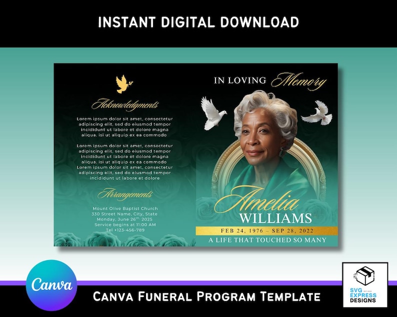 Black and Green Canva Funeral Program Template – Elegant Bi-fold ...