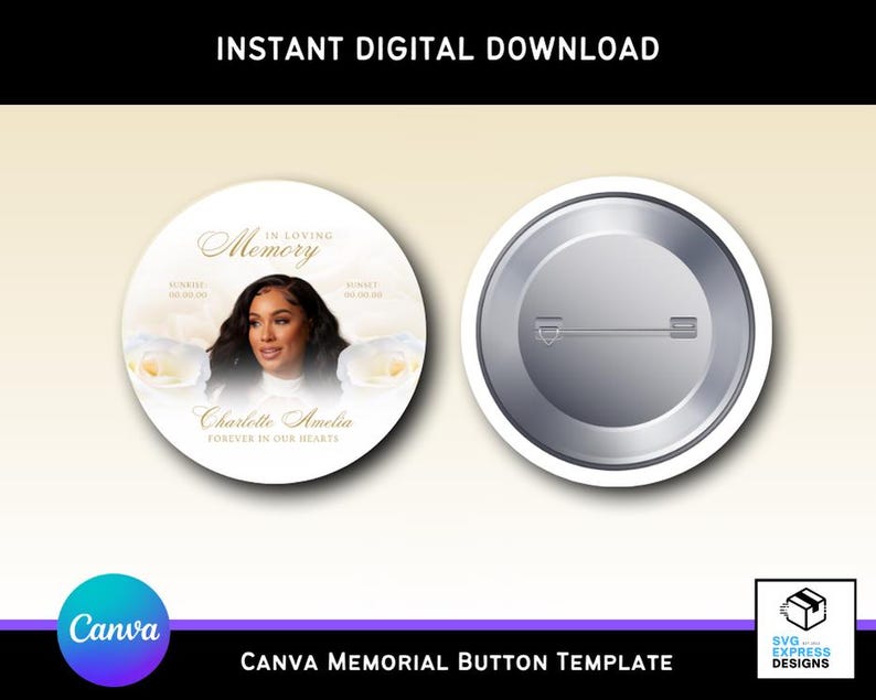 Editable White Roses Memorial Button Template | Canva RIP Keepsake ...