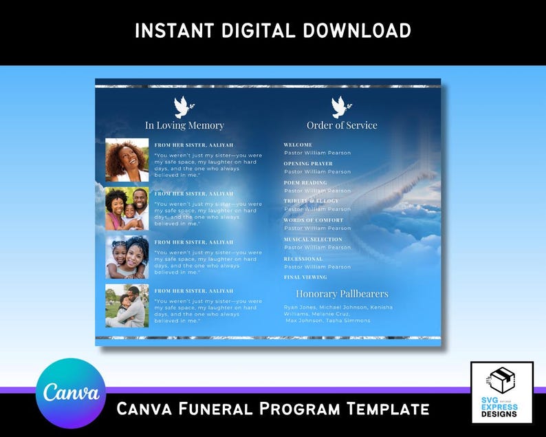 Funeral Program Template Sky Blue Stairway to Heaven – Bi-fold Canva ...