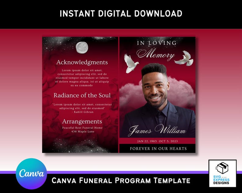 Elegant Black & Red Funeral Program Template: Bi-fold Obituary (digital ...