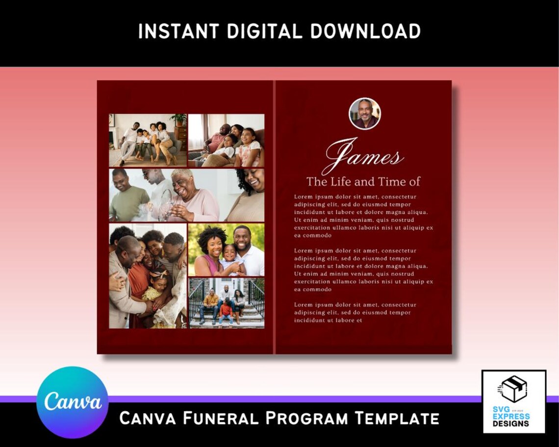 Maroon Canva Funeral Program Template – Elegant Bi-fold Brochure (11x8 ...