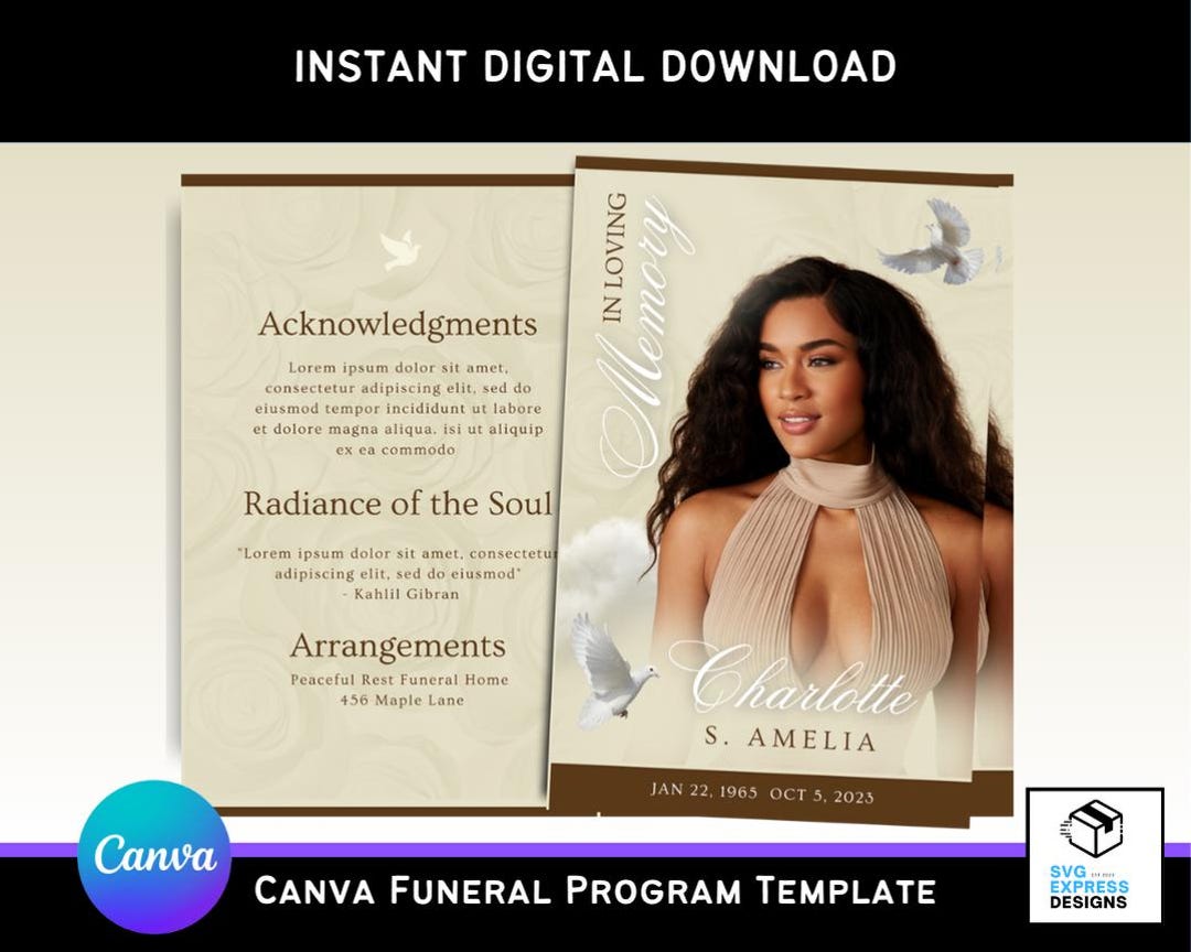 Beige Canva Funeral Program Template – Elegant Bi-fold Brochure (11x8.5 ...