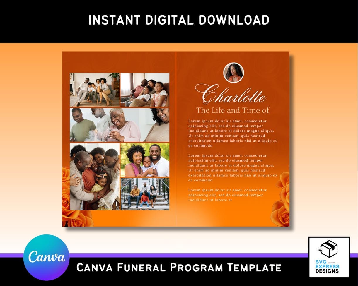 Orange Canva Funeral Program Template – Elegant Bi-fold Brochure (11x8 ...