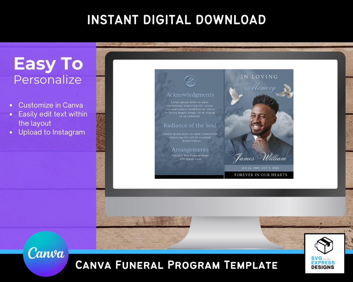 Slate Gray Canva Funeral Program Template – Elegant Bi-fold Brochure ...