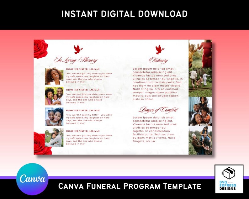 White & Rose Red Funeral Program Template: Bi-fold Memorial Design ...