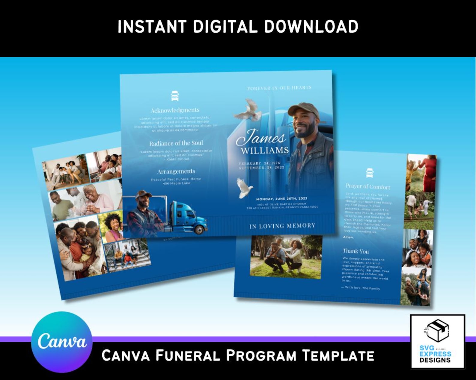 Truck Driver Canva Funeral Program Template – Elegant Bi-fold Brochure ...